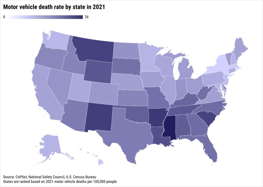 States with the fewest motor vehicle deaths in 2021 - Magnolia State ...
